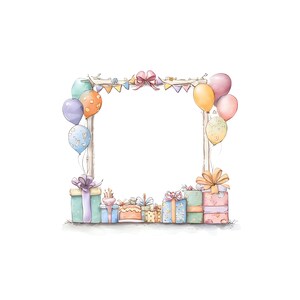 Pastel Birthday Frame Clipart Bundle Set of 14, Balloons, Flowers and ...