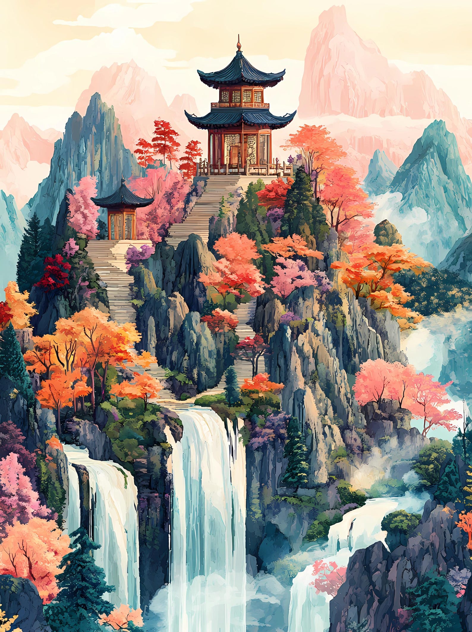 8 Japanese Landscape Clipart, Japanese Clipart, Asia Waterfall Mountain ...