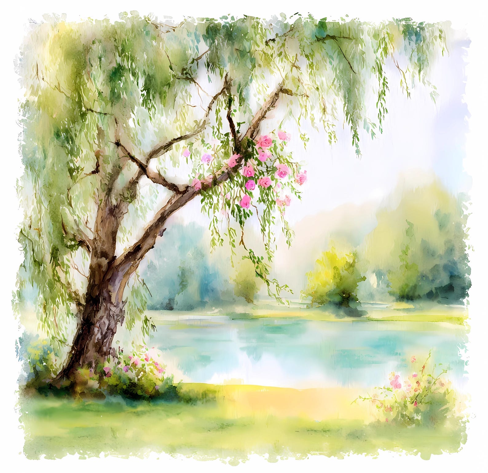 Watercolor Cherry Blossom Tree Art Print Set: Spring Landscape, Digital ...