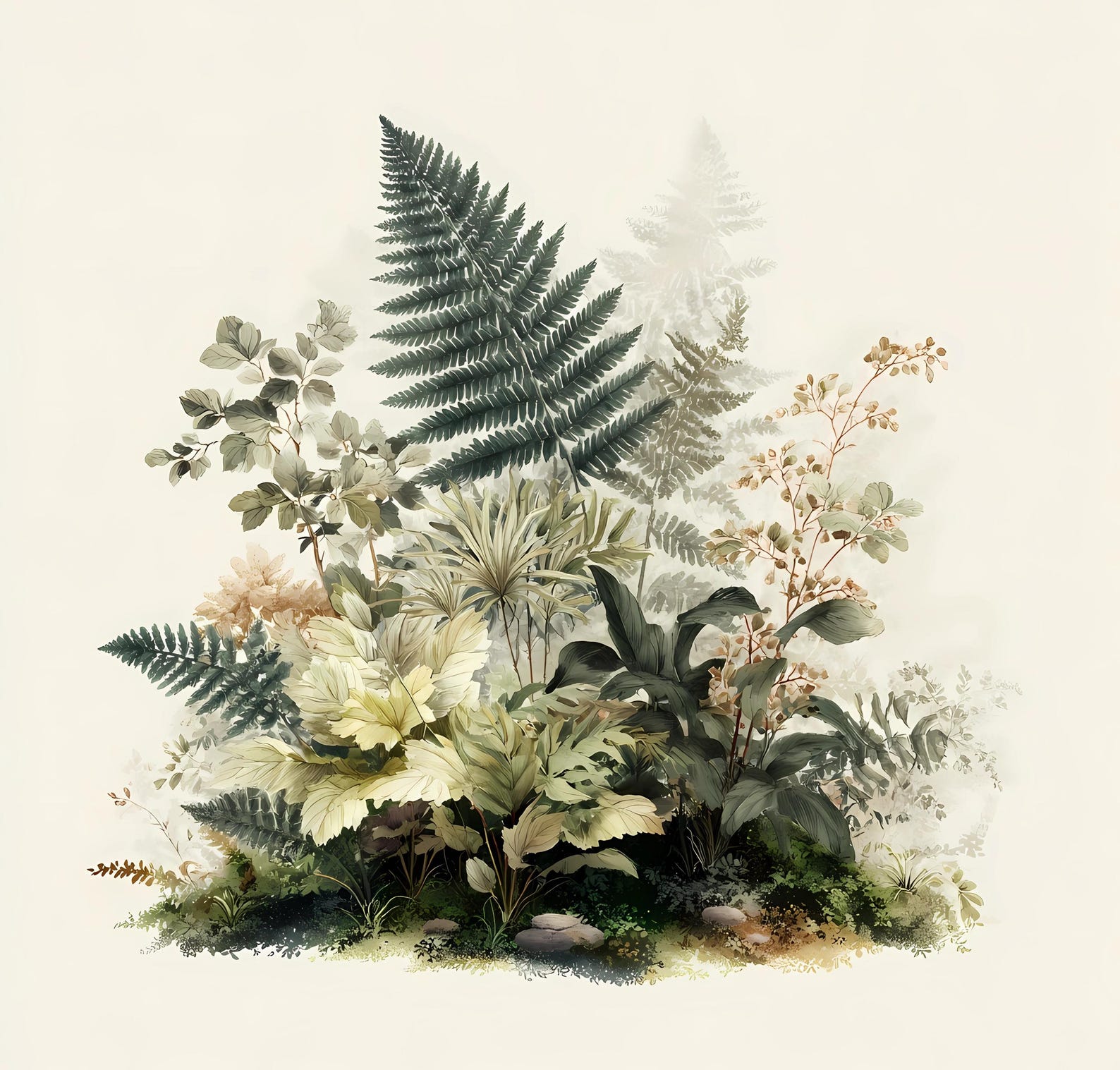 Watercolor Green Botanical Print Set, Ferns, Jungle Foliage (digital ...