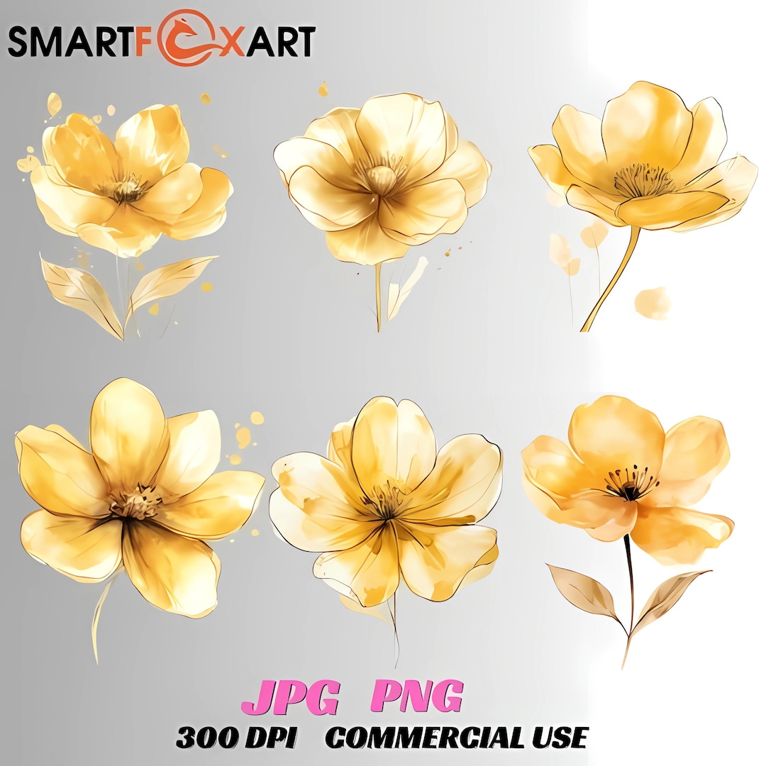 Golden Watercolor Flowers Clipart Set: Yellow Floral PNG & JPG Bundle ...