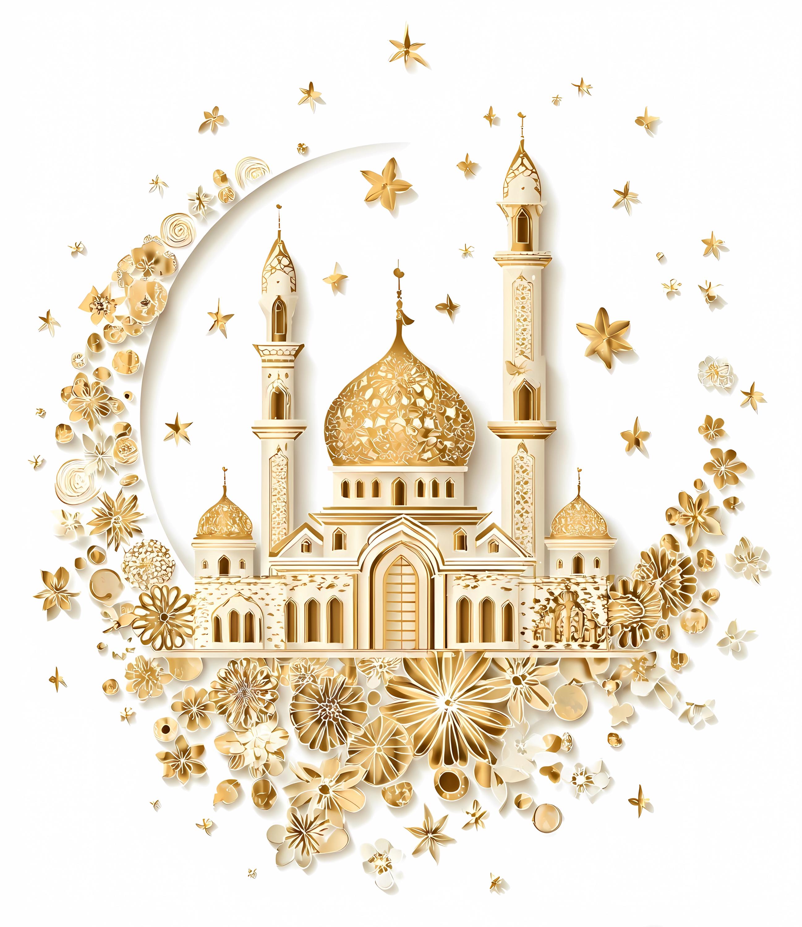 Golden Mosque Eid Clipart Set: Crescent Moon & Floral Decor (PNG JPG ...