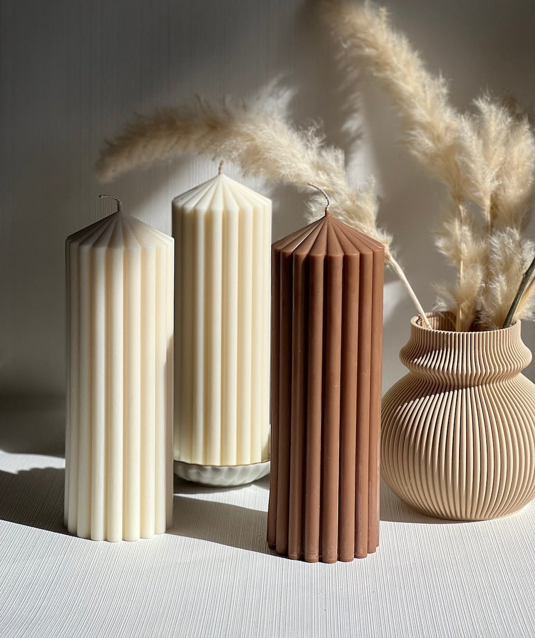 Large Ribbed Soy Wax Pillar Candle | Decor - Etsy