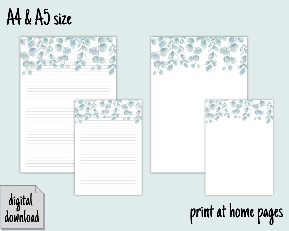 Blue Leaves Printable Stationary Printable Writing Paper | Etsy