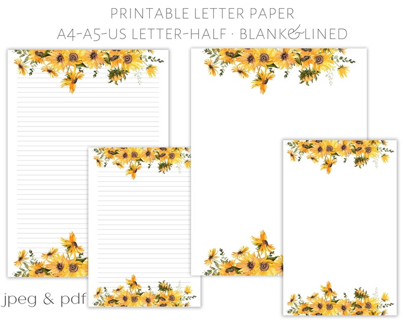 Sunflower Printable Letter Paper: Floral Stationery (digital Download ...
