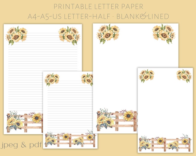 Printable Letter Paper Sunflower Paper Letter Writing Paper - Etsy