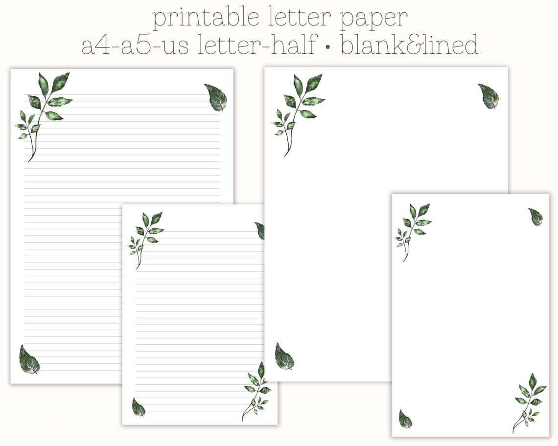 Green Watercolor Leaves Printable Letter Paper Letter Writing | Etsy