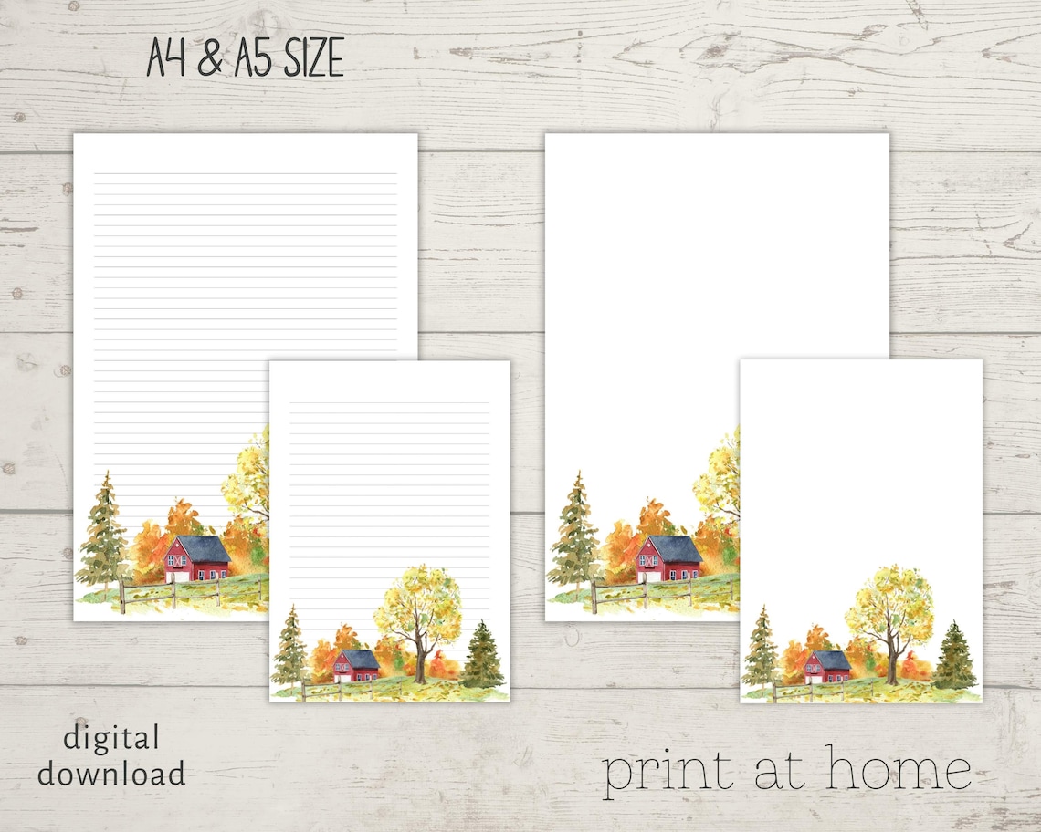 Autumn Landscape Printable Letter Paper: Lined & Blank (digital ...