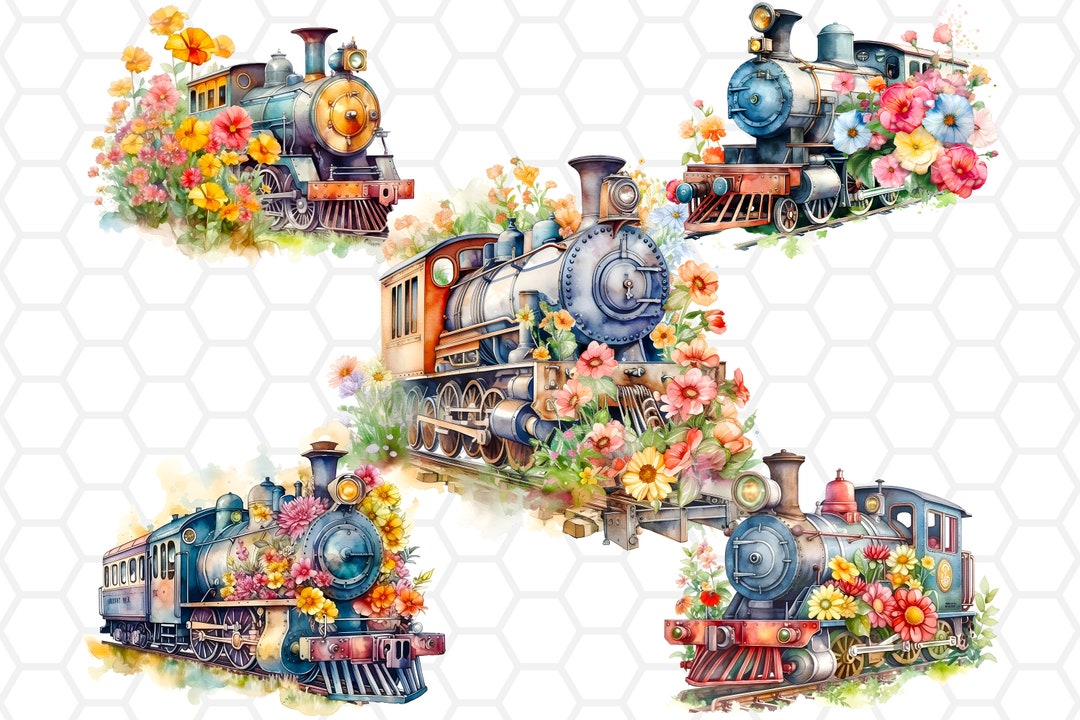 Watercolor Floral Train Clipart Bundle, Floral Train Clipart, Train Png ...