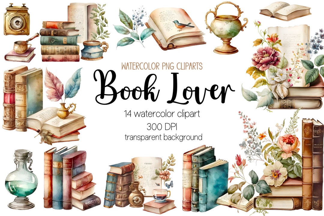 Watercolor Book Lover Clipart Bundle, Book Lover Clipart, Book Png ...