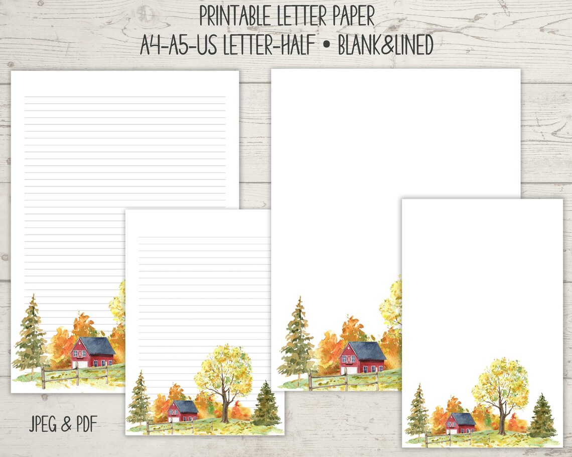 Autumn Landscape Printable Letter Paper: Lined & Blank (digital ...