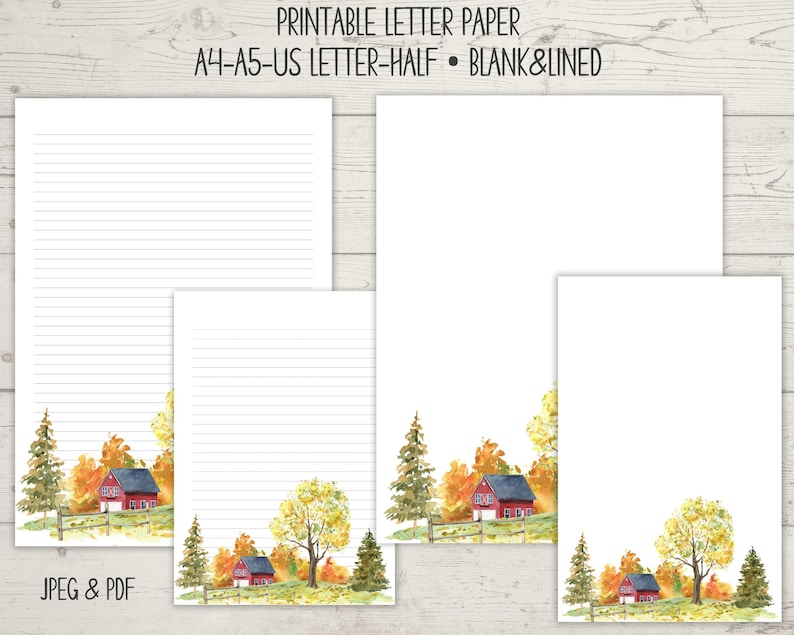 Autumn Landscape Printable Letter Paper: Lined & Blank (digital ...