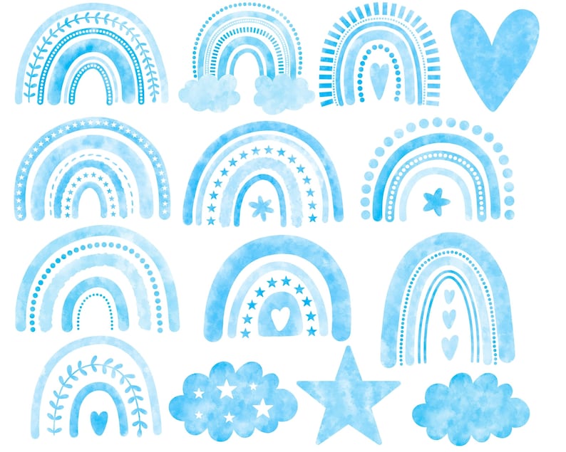 Blue Watercolor Rainbow Clipart Boho Rainbow Clip Art - Etsy