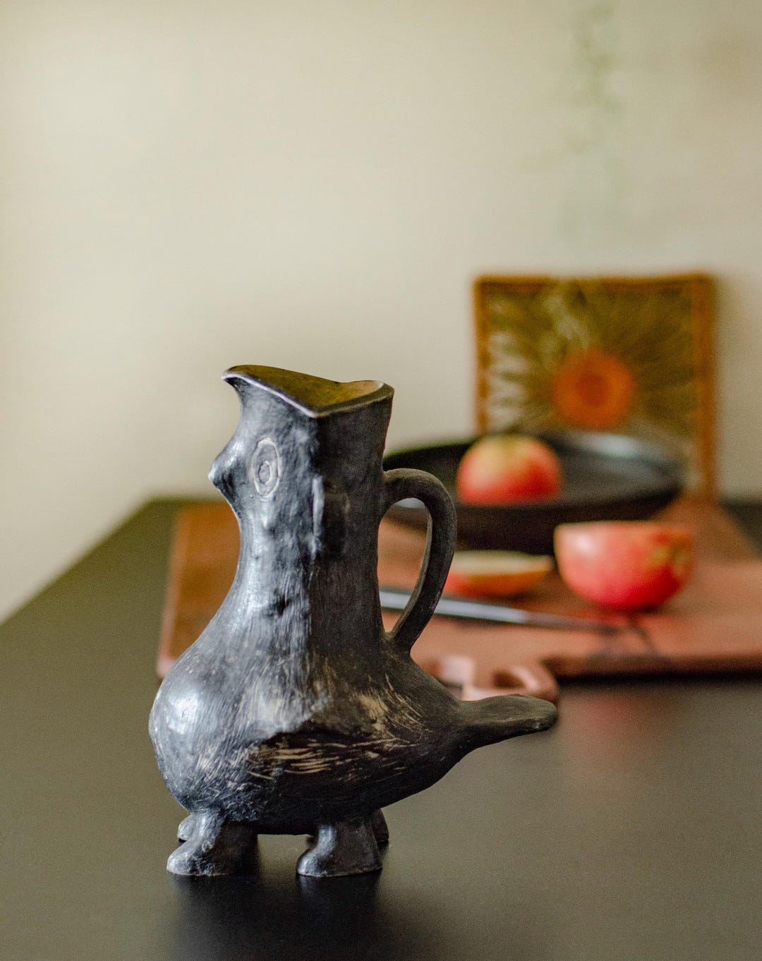 1960 Studio Pottery Footed Bird Vessel | Black Matte Etched Glaze ...