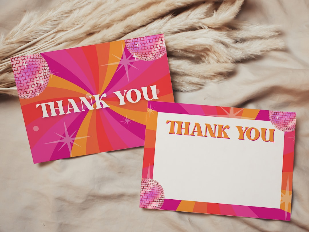 Disco Party Thank You Card Template for Retro Hippie Birthday or Bday ...