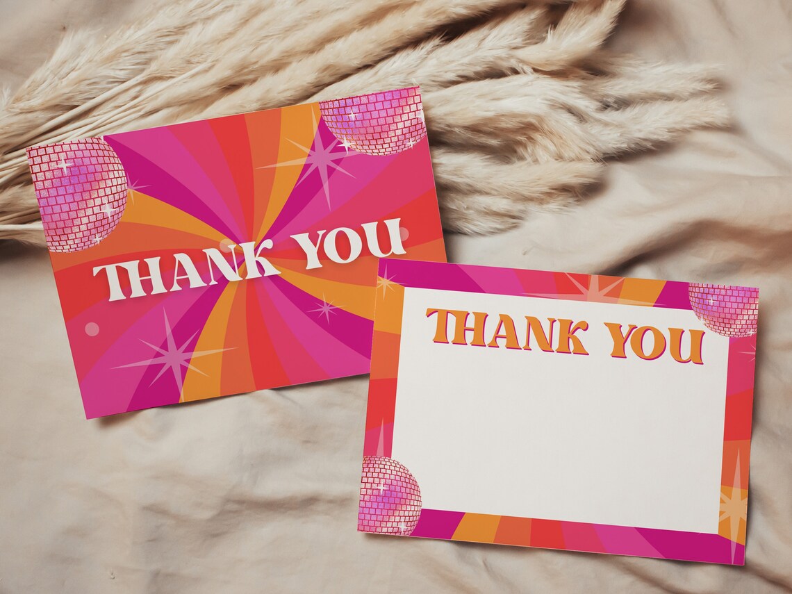 Disco Party Thank You Card Template for Retro Hippie Birthday or Bday ...