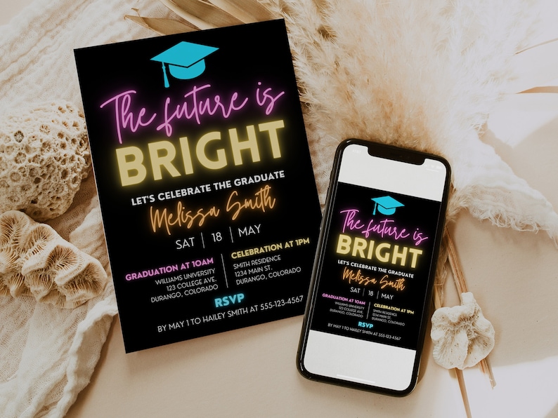 Neon Graduation Party Invitation Template for Glow in the Dark - Etsy