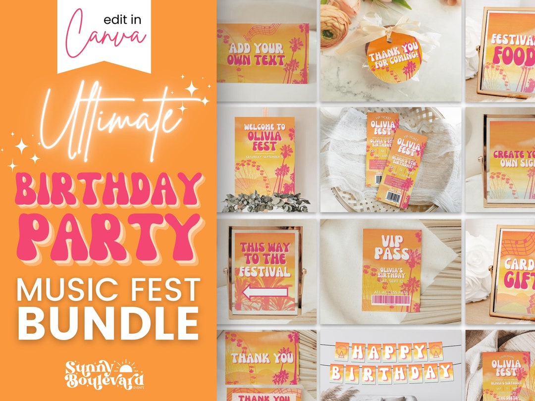 Music Festival Birthday Party Bundle With Retro Editable Templates for ...