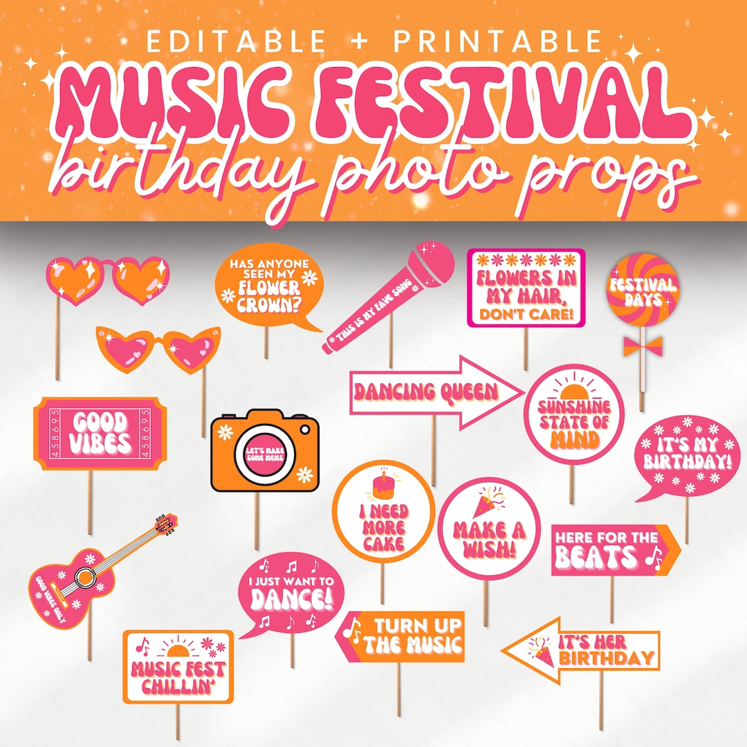 Music Festival Birthday Party Printable Photo Booth Props for Groovy ...