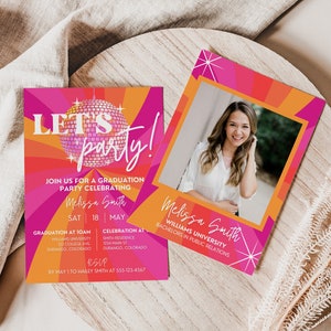 Disco Graduation Party Invitation Template for Retro & Groovy 70s Grad ...
