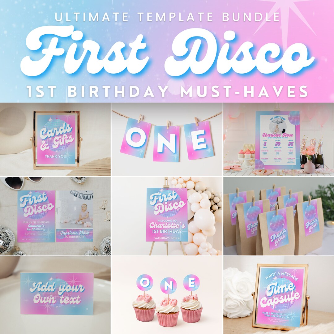 Pink Blue Disco 1st Birthday Theme Bundle for Groovy One, Retro First ...