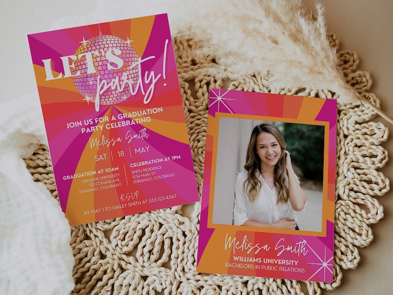Disco Graduation Party Invitation Template for Retro & Groovy 70s Grad ...