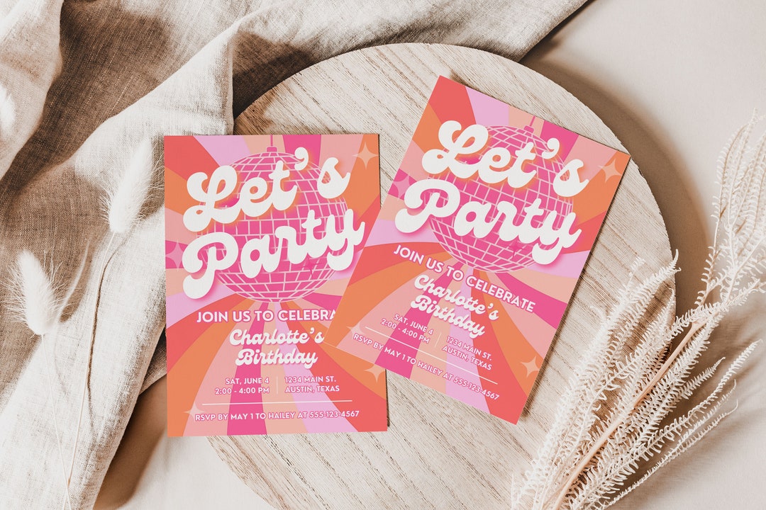 Pink Orange Disco Birthday Invite Girl, Retro Birthday Disco Invitation ...