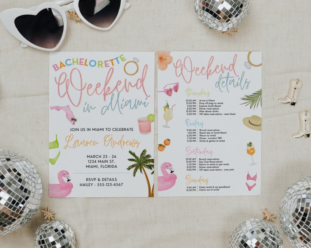 Colorful Miami Beach Bachelorette Invitation With Itinerary Template ...
