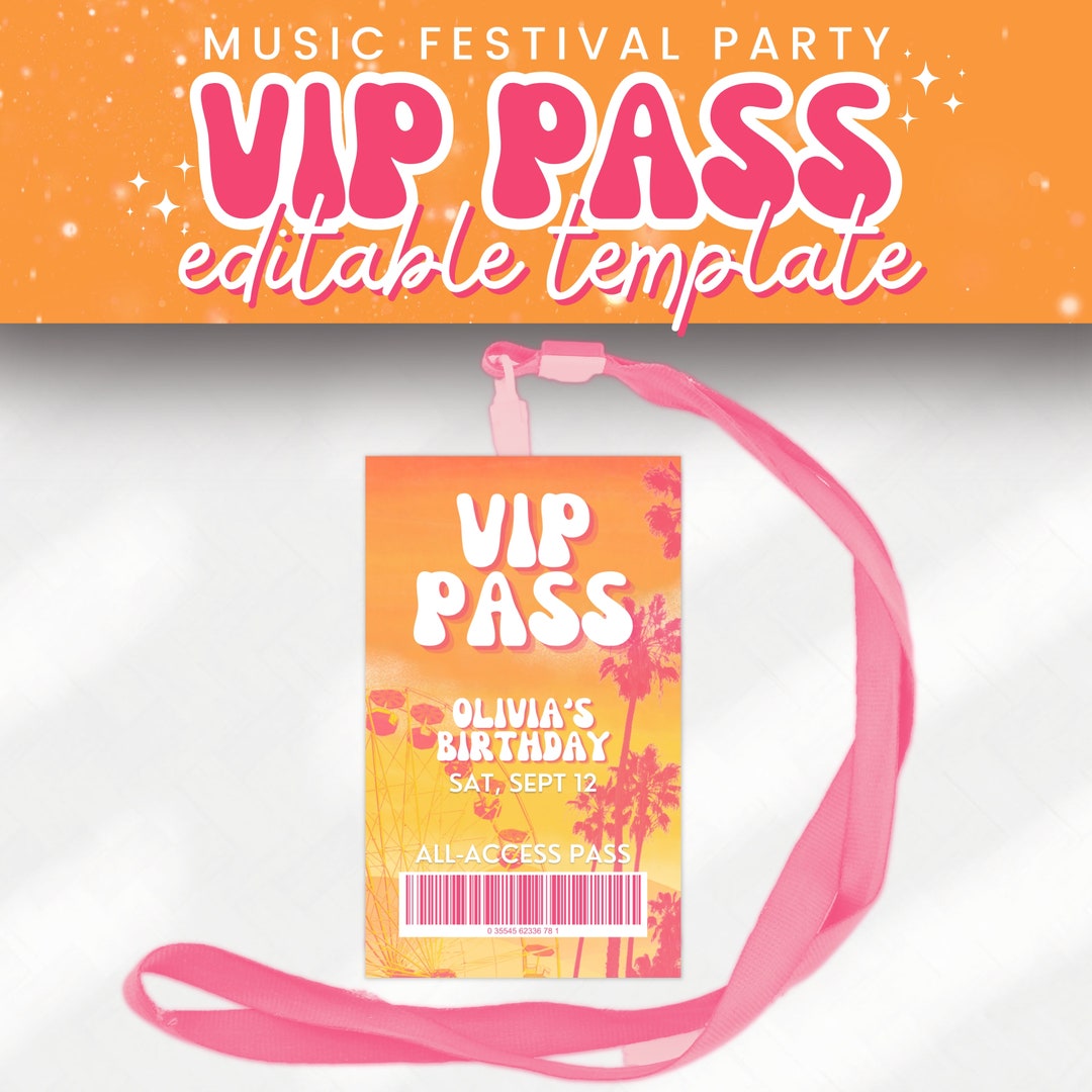 Music Festival Girls Birthday Party VIP Pass Template for Lanyard at ...