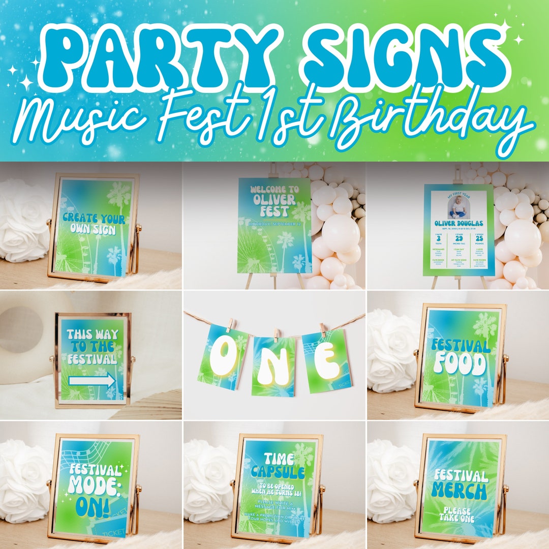 Music Festival Boys 1st Birthday Party Signs Bundle of Retro Printable ...