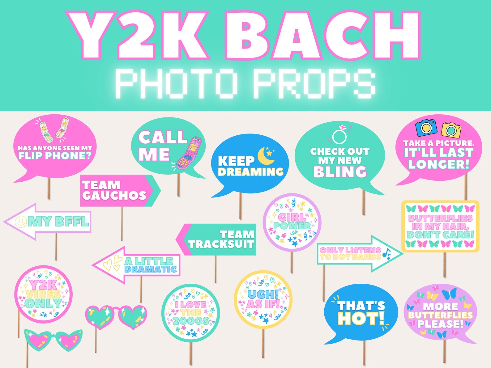 Y2K Bachelorette Party Printable Photo Booth Props for Selfie - Etsy