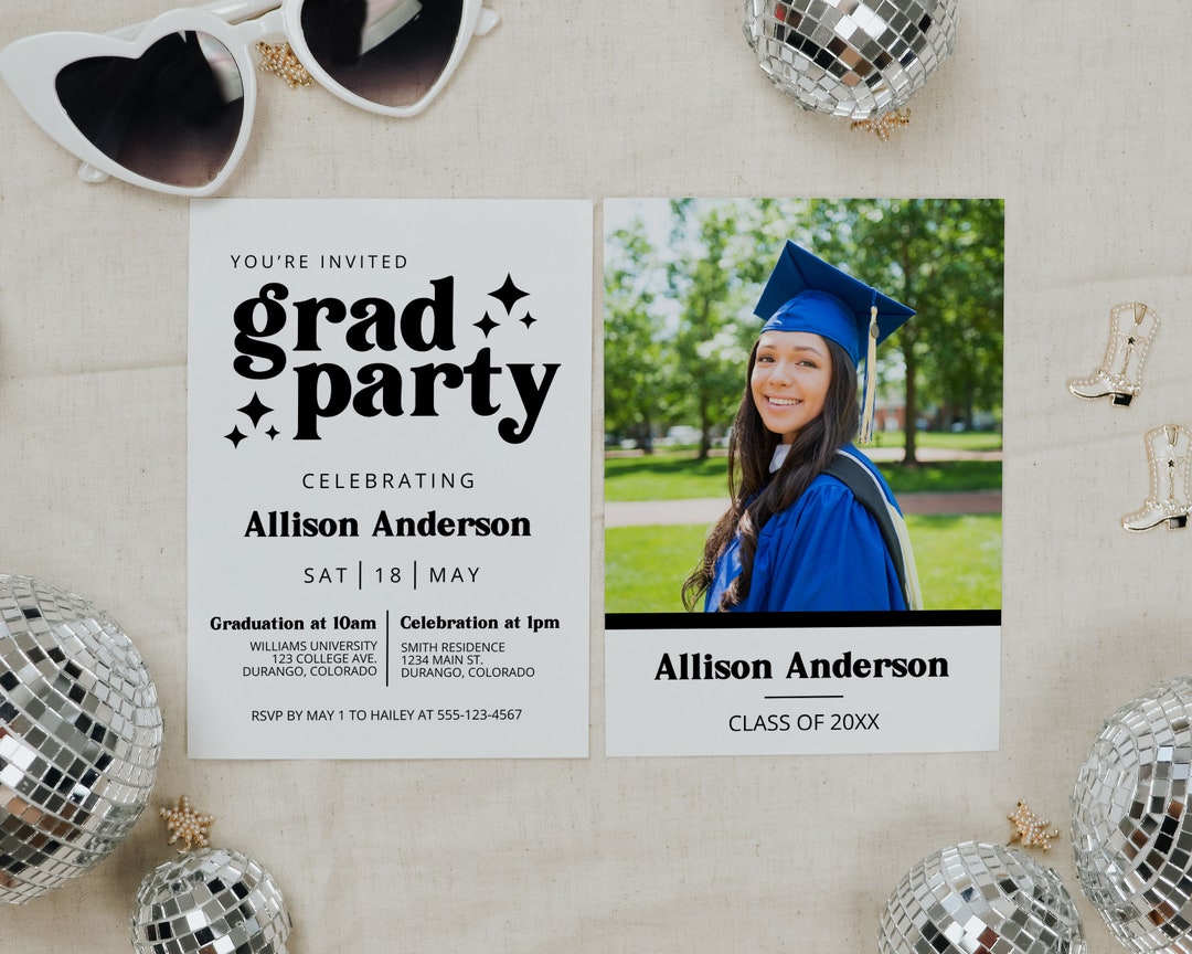 Retro Graduation Party Invite Black White Graduation Announcement ...