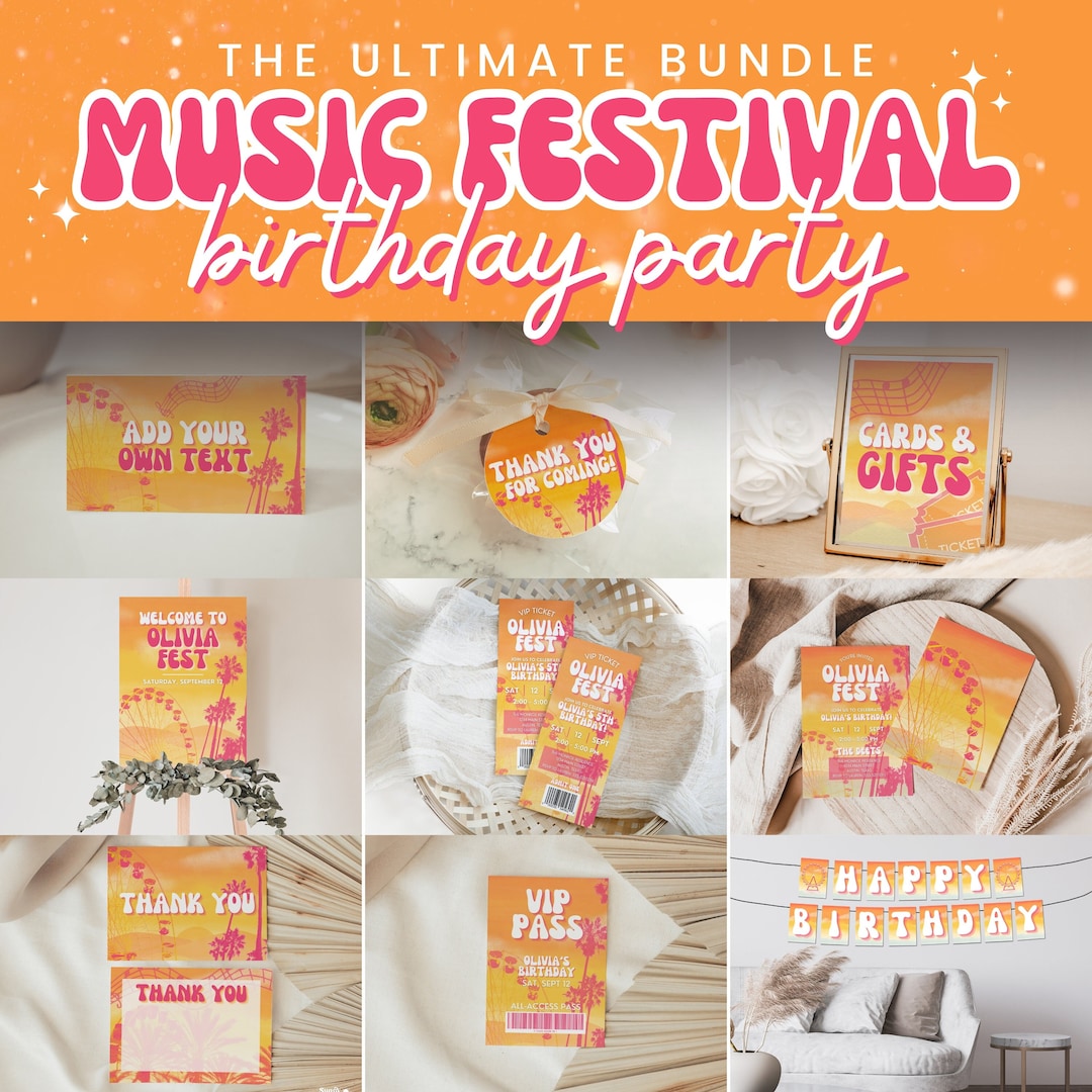 Music Festival Birthday Party Bundle With Retro Editable Templates for ...