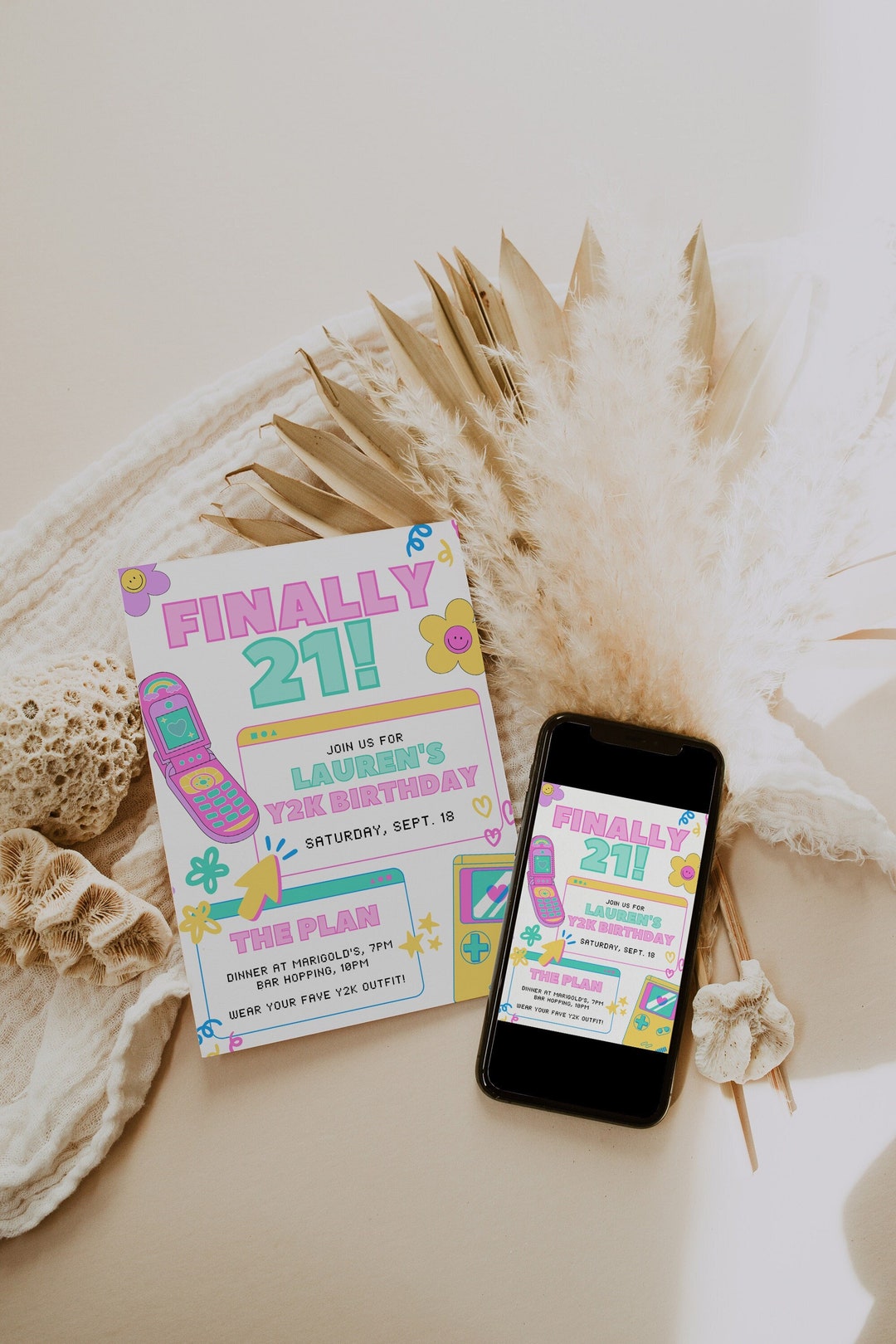 Y2K 21st Birthday Invitation Template for Retro and Nostalgic 2000s Millennium Theme Bday Party ...