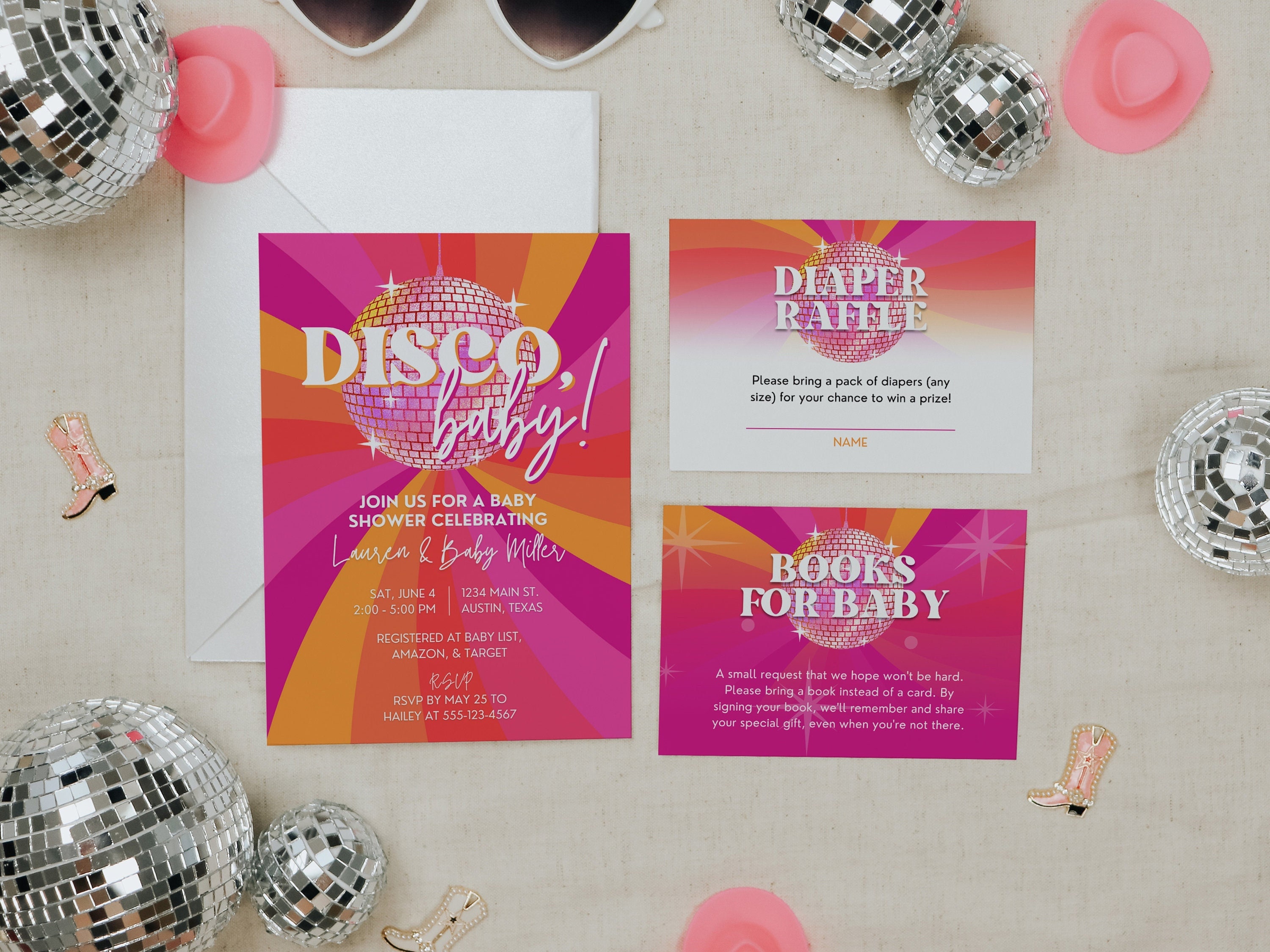 Disco Baby Shower Invite, Retro Lets Disco Baby Invitation Suite ...