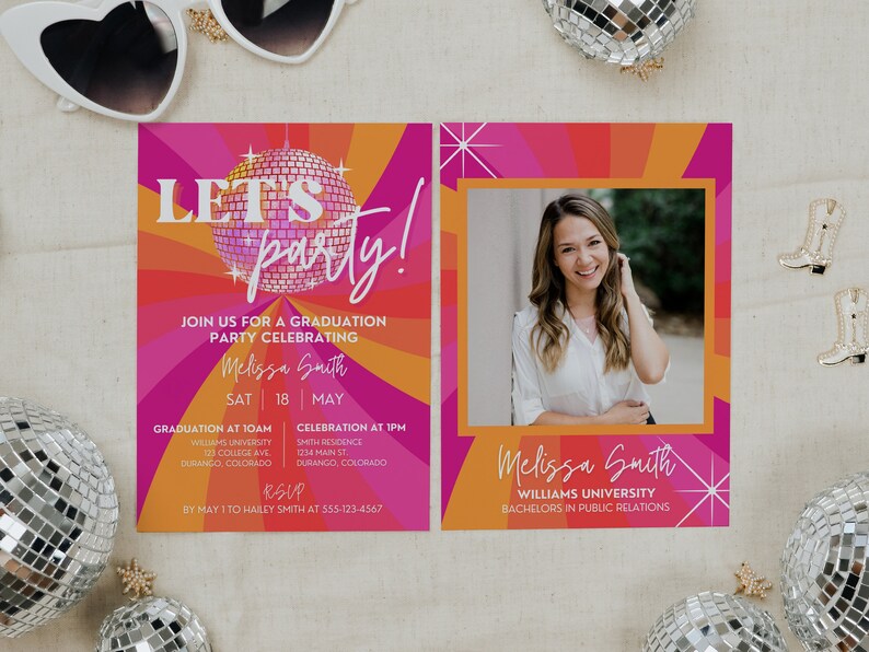 Disco Graduation Party Invitation Template for Retro & Groovy 70s Grad ...
