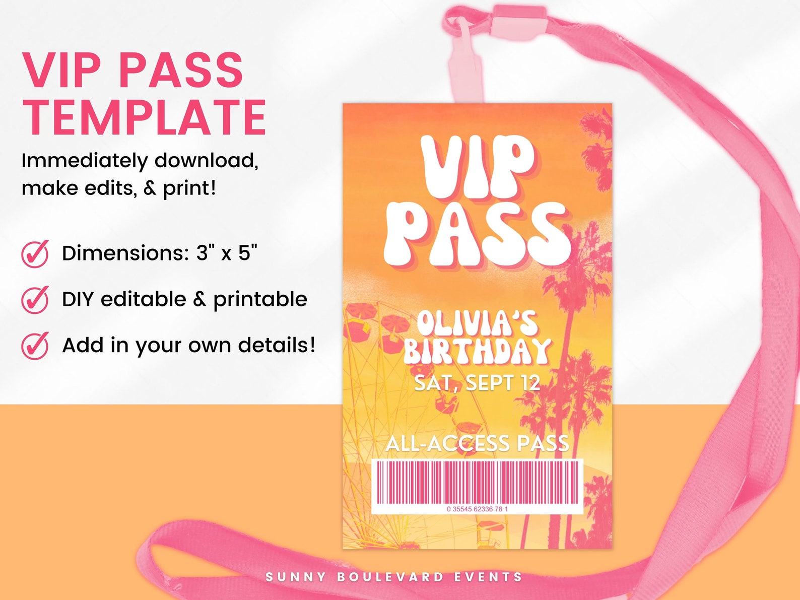 Music Festival Girls Birthday Party VIP Pass Template for Lanyard at ...