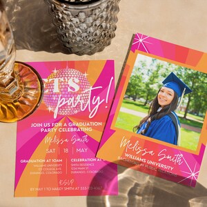 Disco Graduation Party Invitation Template for Retro & Groovy 70s Grad ...