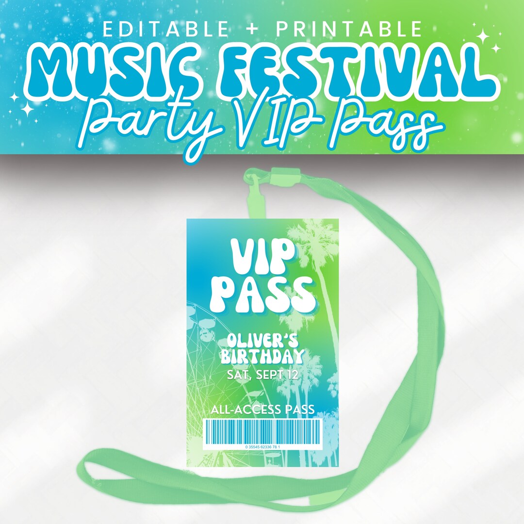 Music Festival Boys Birthday Party VIP Pass Template for Lanyard at ...