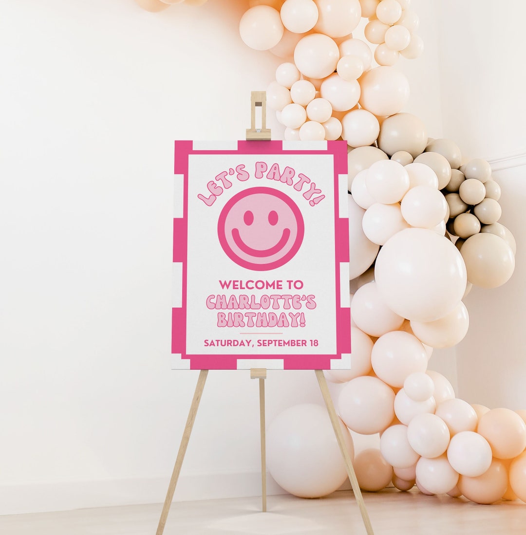 Preppy Pink Smile Face Birthday Welcome Sign Template With Checkerboard ...