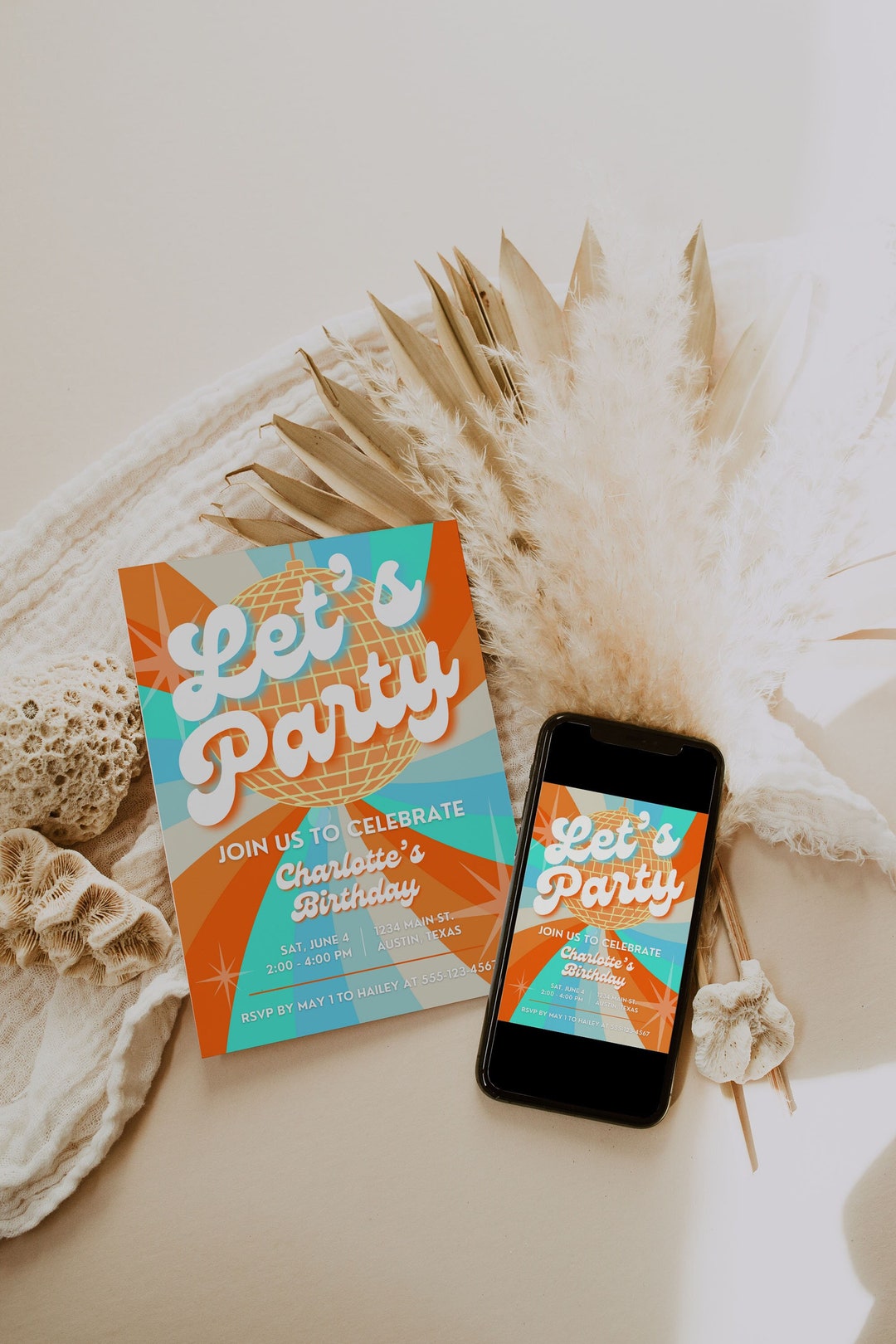 Disco Birthday Invitation for 70s Party, Blue Orange Retro Birthday ...