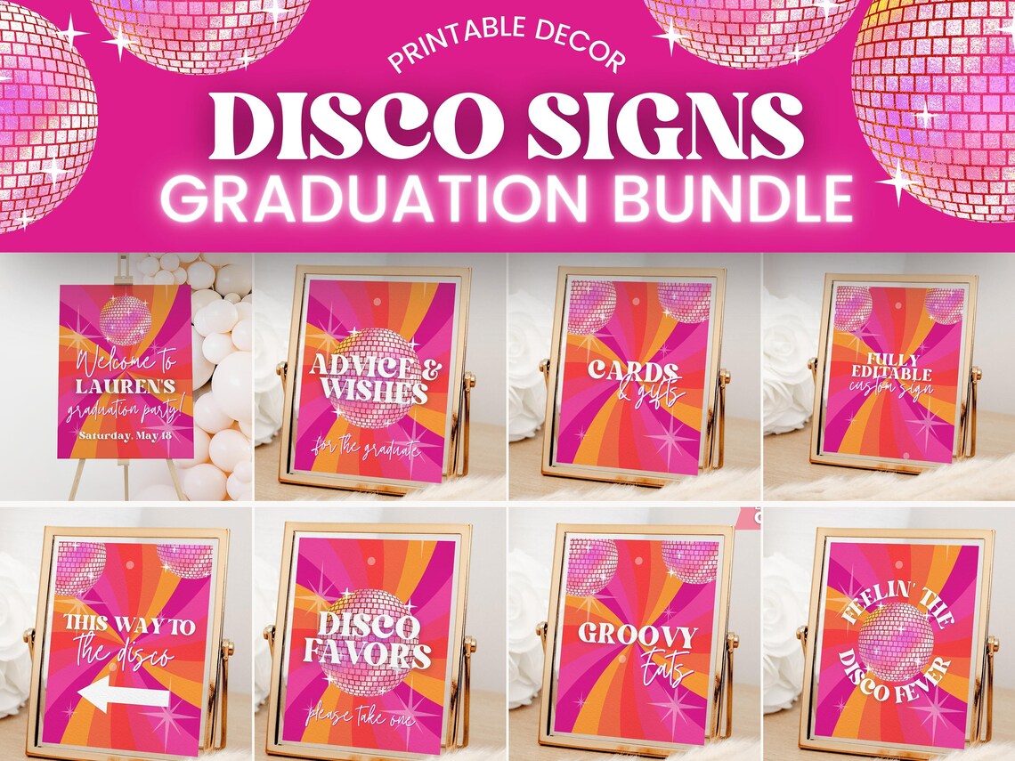 Disco Graduation Party Printable Sign Bundle for Retro and - Etsy