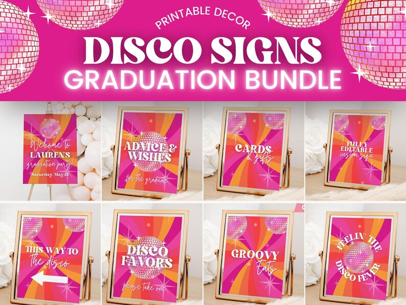 Disco Graduation Party Printable Sign Bundle for Retro and - Etsy