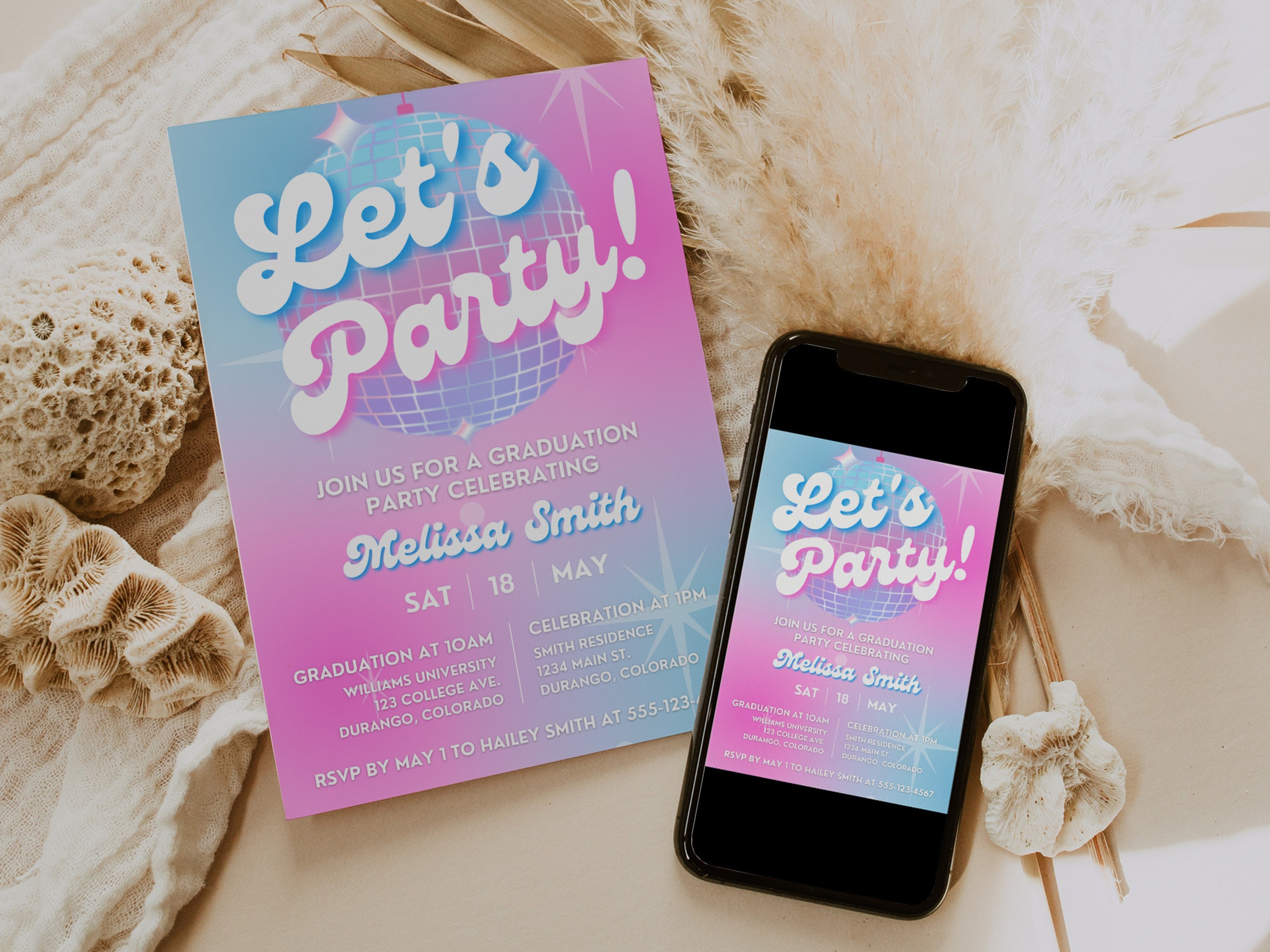 Groovy Disco Graduation Party Invitation Template for Retro 70s Grad ...