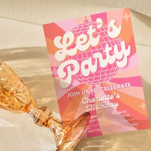 Pink Orange Disco Birthday Invite Girl, Retro Birthday Disco Invitation ...