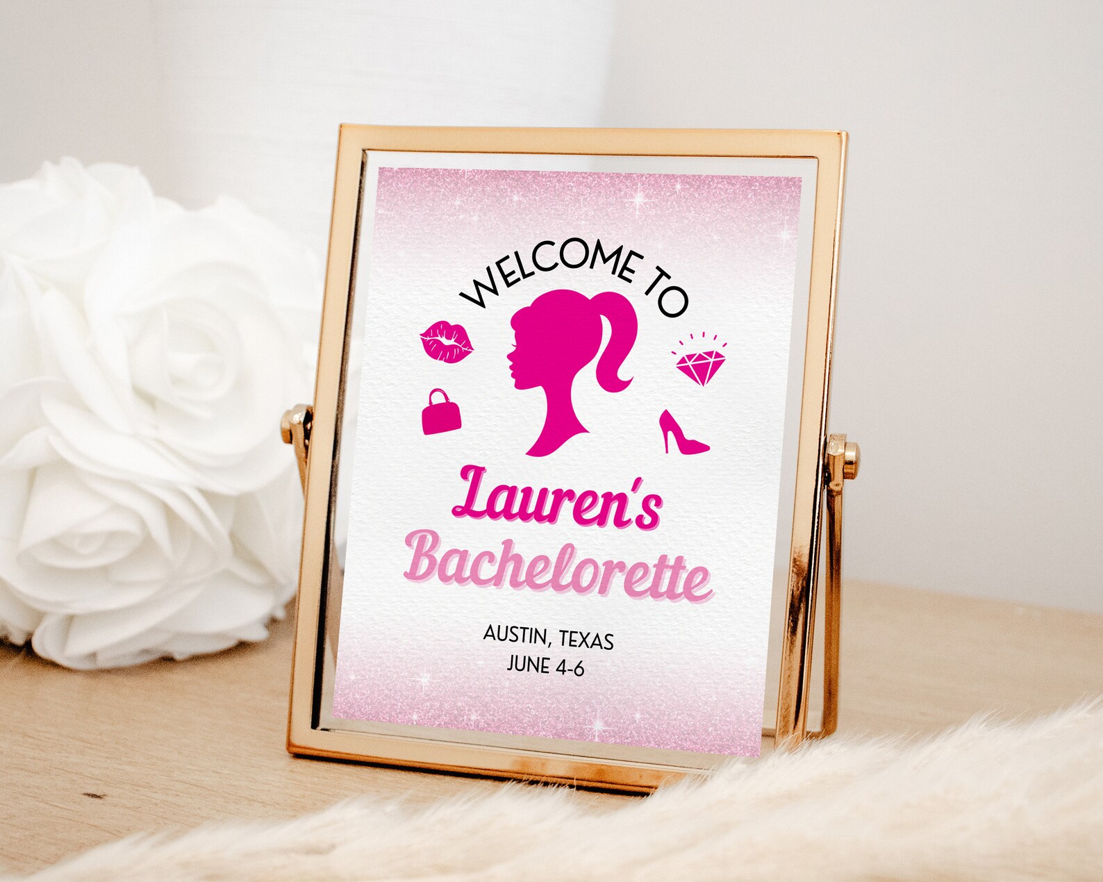 Hot Pink Glitter Bachelorette Party Welcome Sign Canva Template, Let's ...