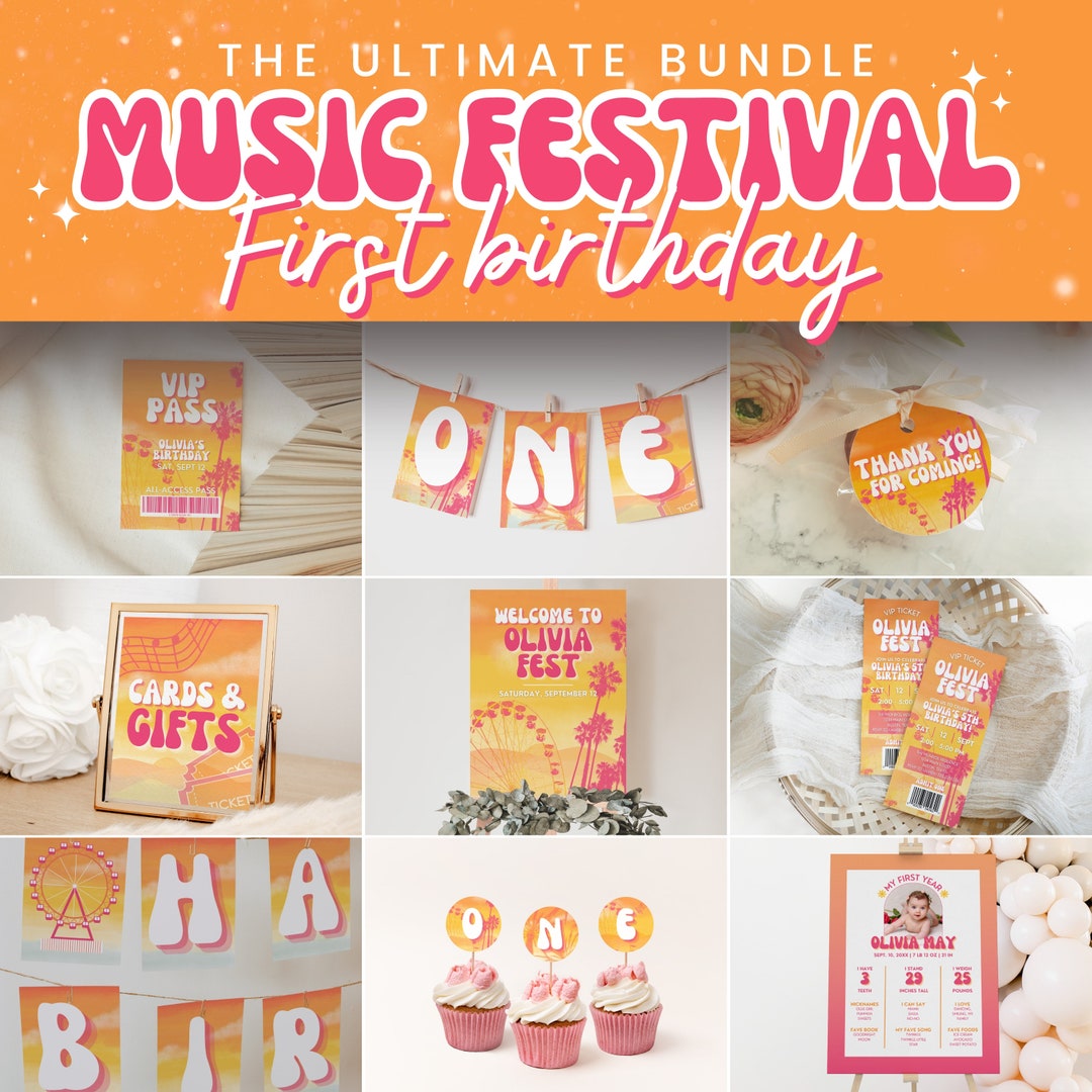 Music Festival Girls 1st Birthday Party Bundle With Retro Editable ...