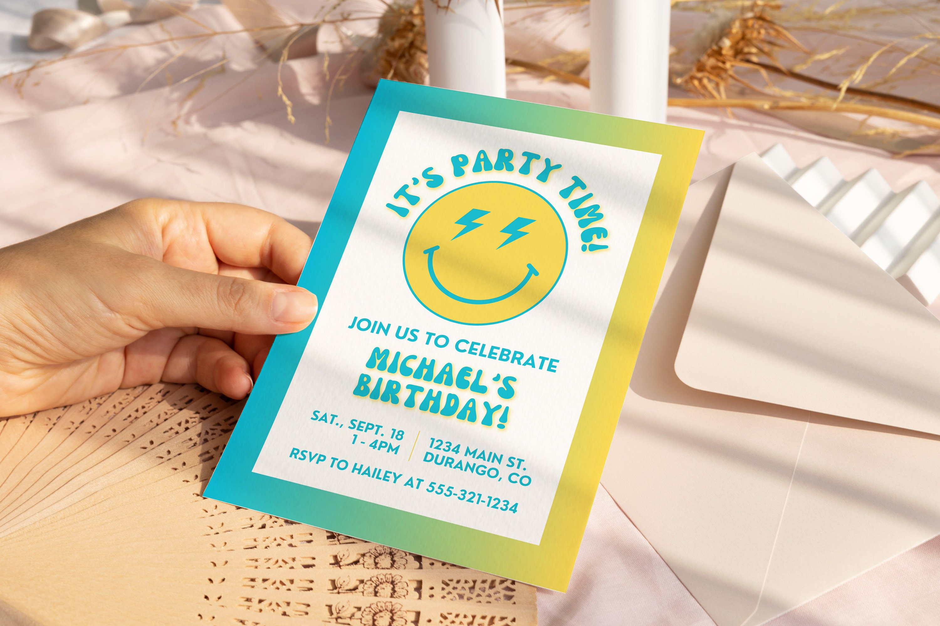 Retro Blue Smile Birthday Invitation Template With Tie-dye ...