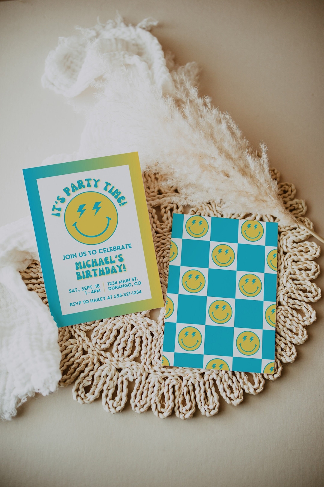 Retro Blue Smile Birthday Invitation Template With Tie-dye ...