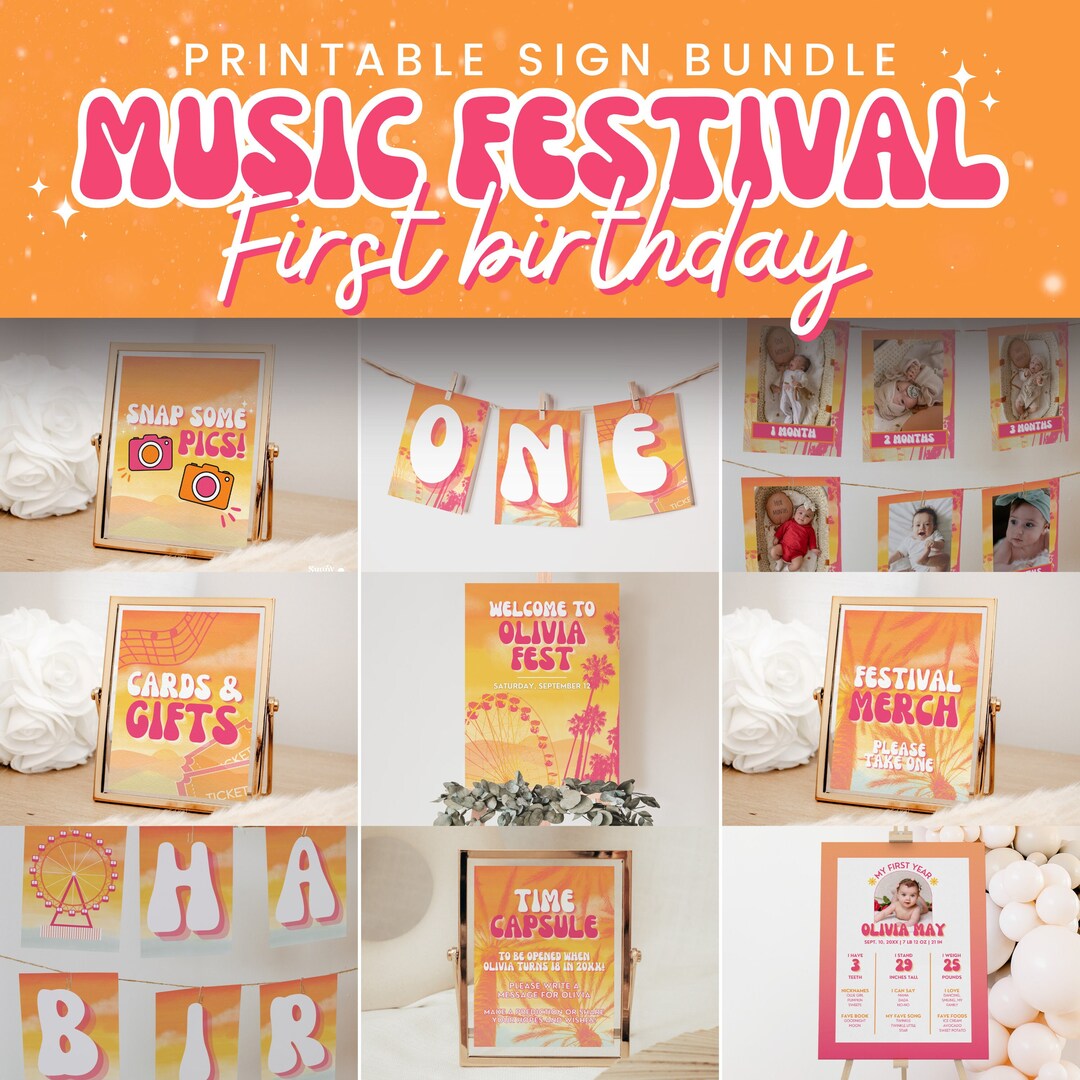 Music Festival Girls 1st Birthday Party Signs Bundle of Retro Printable ...